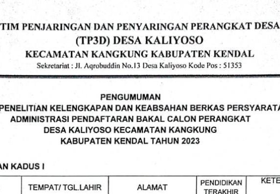 Pengumuman Seleksi Administrasi Bakal Calon perangkat Desa Kaliyoso