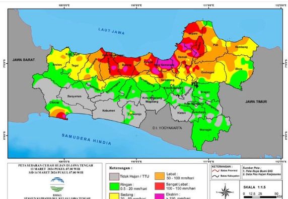 PETA SEBARAN CURAH HUJAN DI WILAYAH JAWA TENGAH PER 13 MARET - 14 MARET